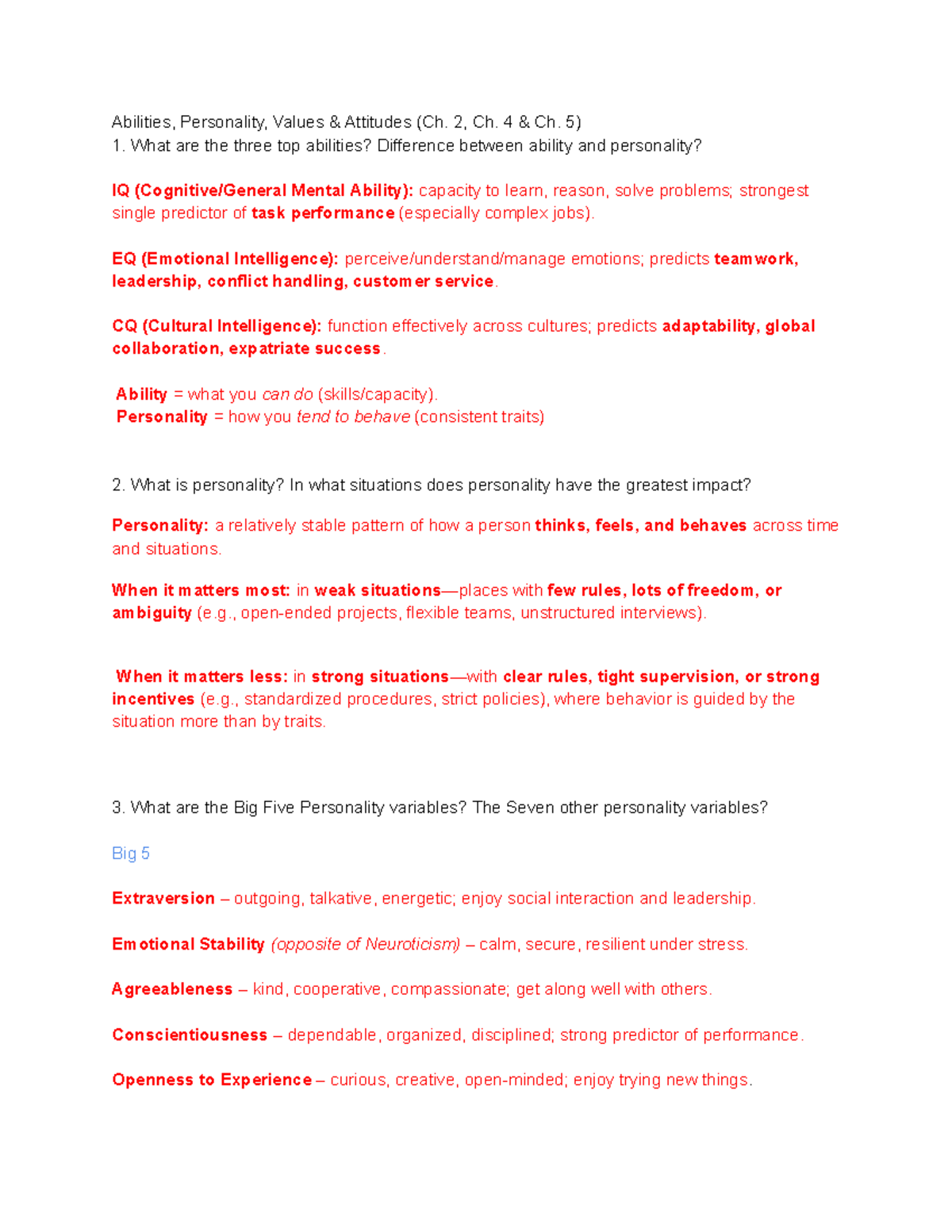 OB Chapter 2: Top 12 Questions on Abilities, Personality, and Values ...
