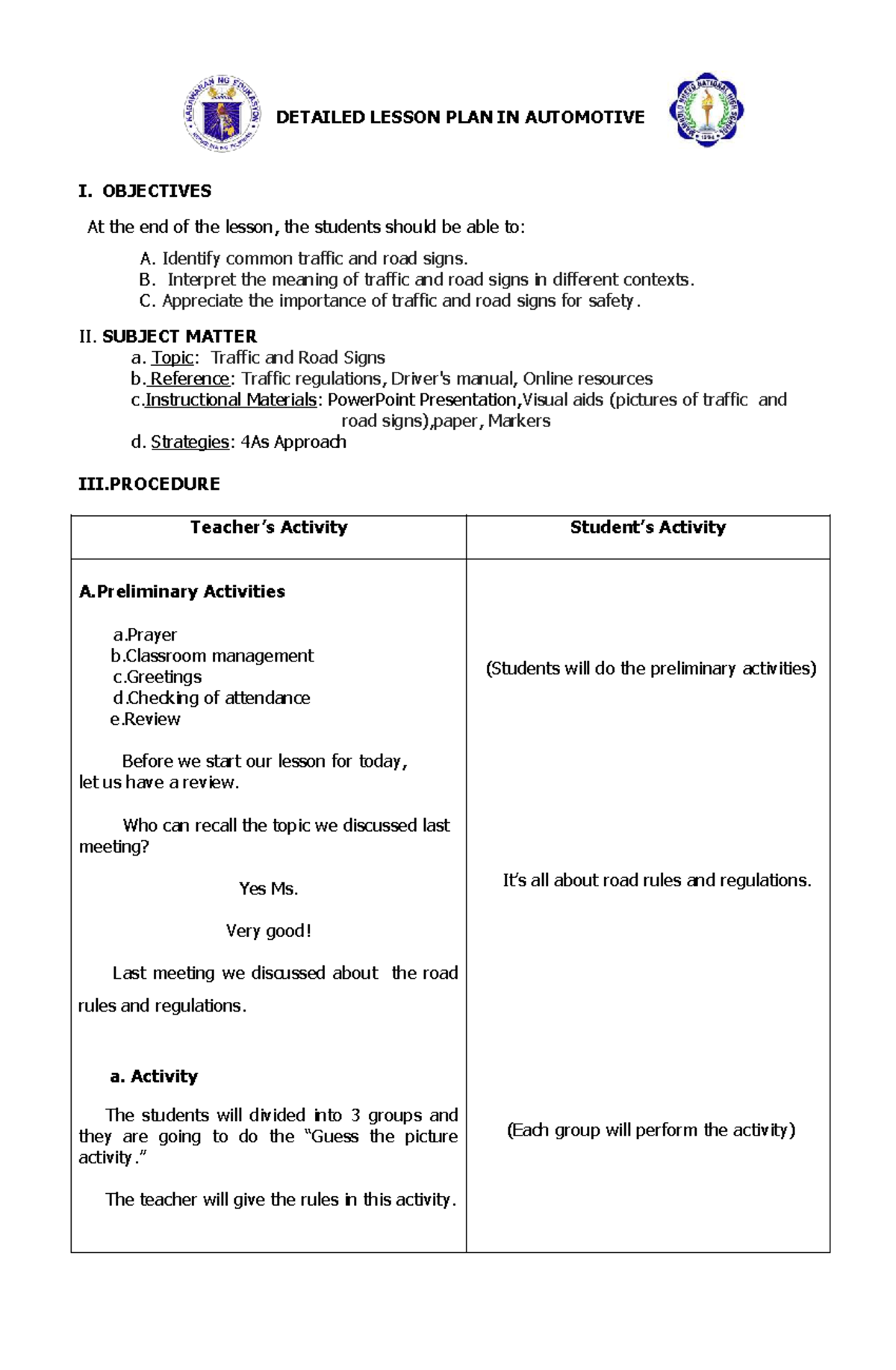 DLP Final Lesson Plan: Understanding Traffic and Road Signs - Studocu