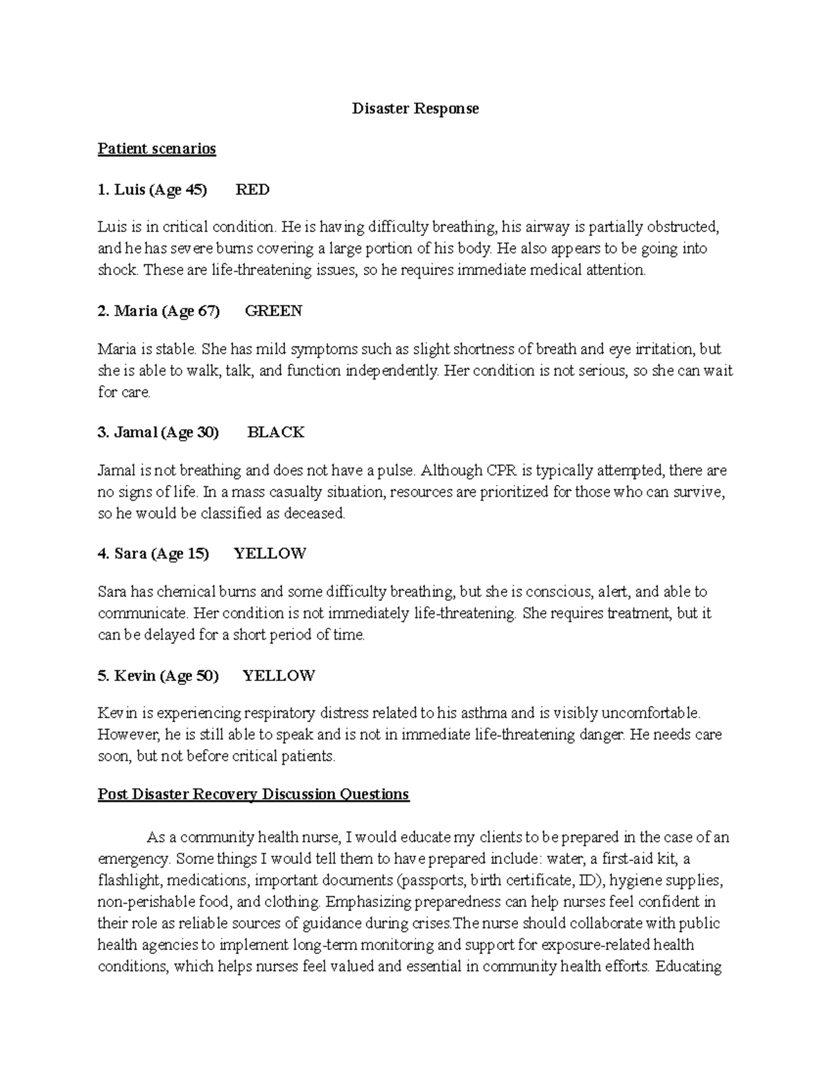 Disaster Response Clinical Assignment: Patient Scenarios Analysis - Studocu