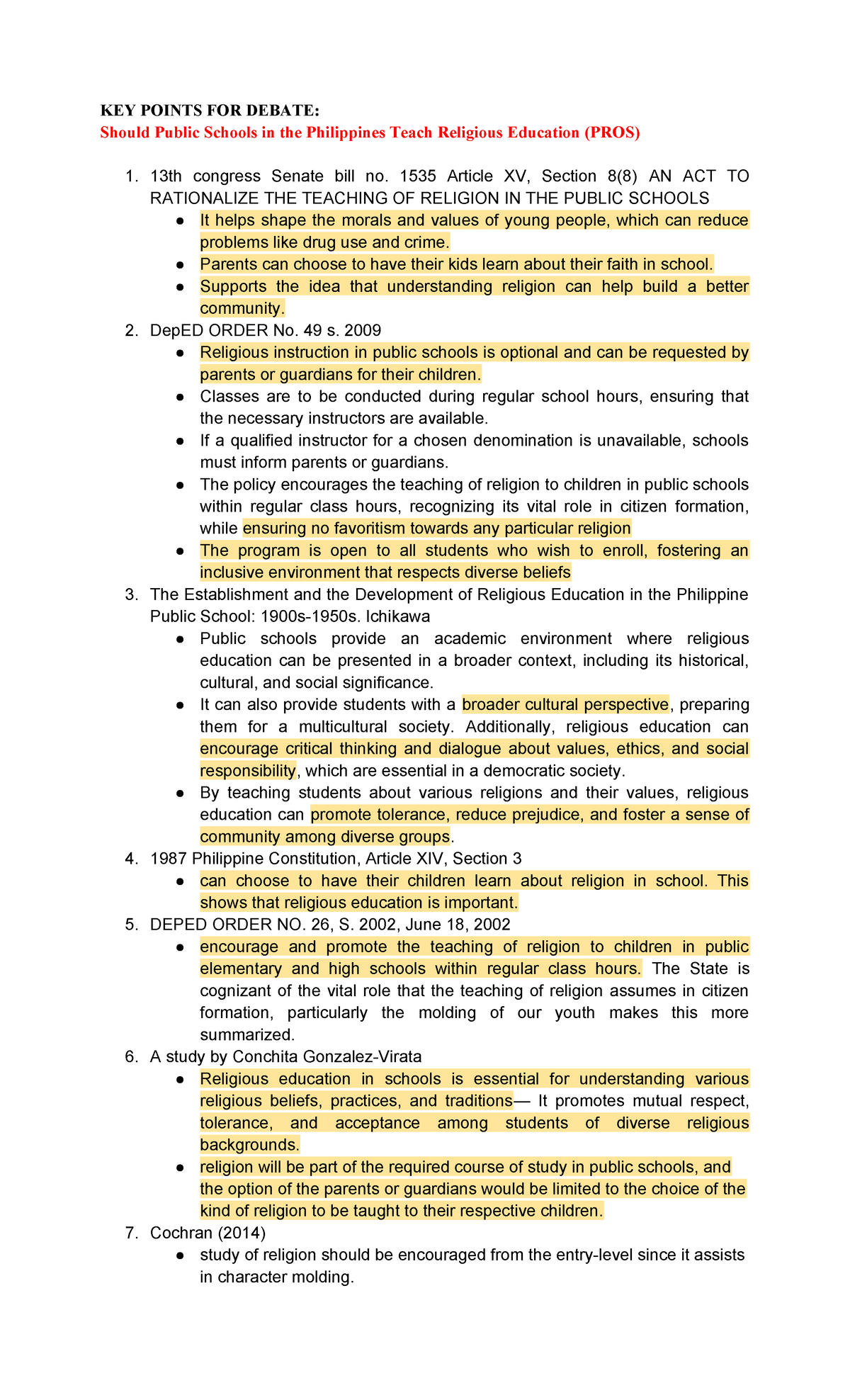 Debate ( Print) - KEY POINTS FOR DEBATE: Should Public Schools in the ...