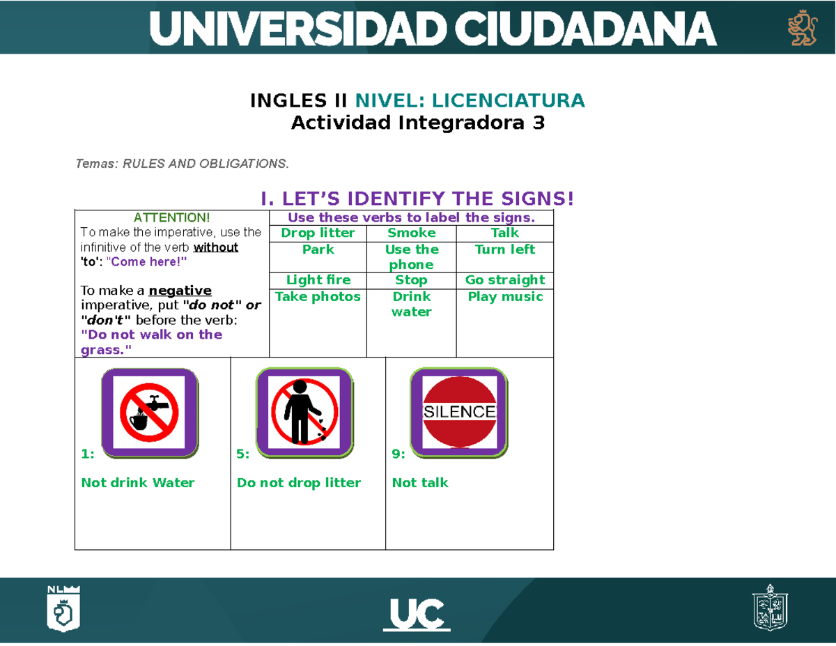 Actividad Integradora 3 - Inglés II (Licenciatura) - Reglas y Obligaciones - Studocu