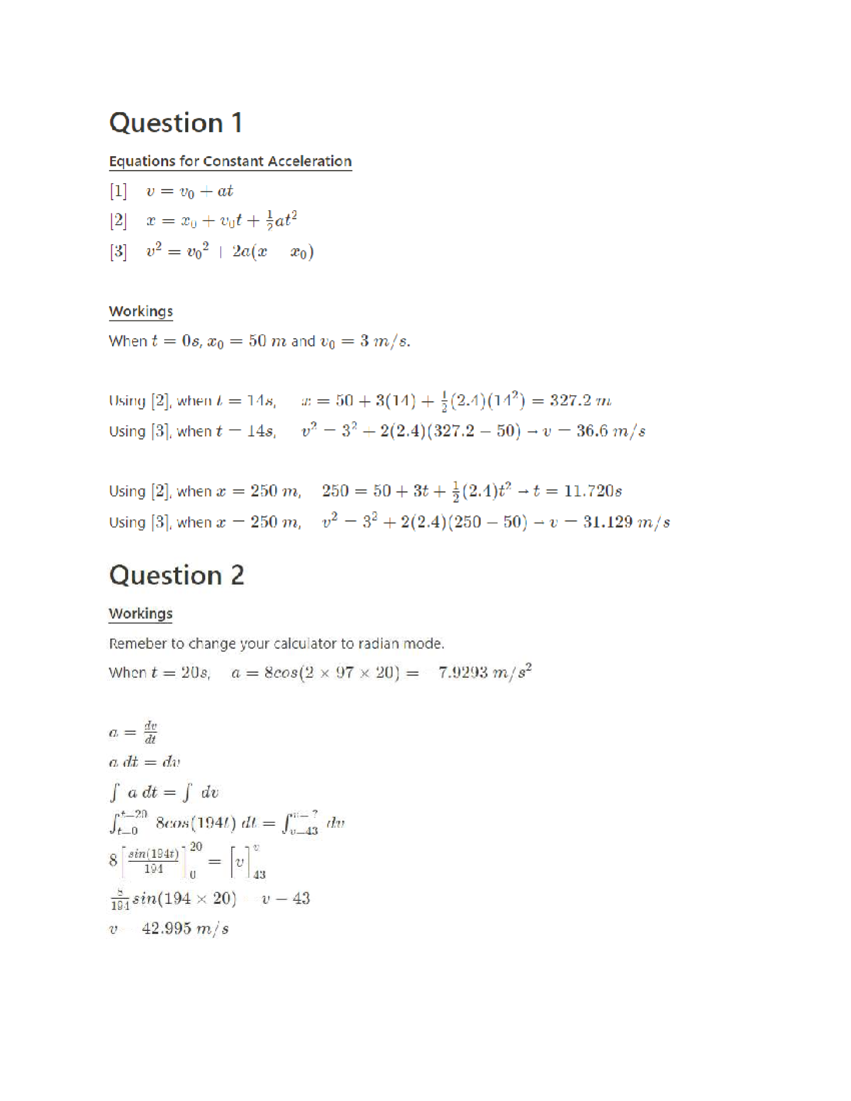 Dynamics Quiz 1 Workings: Equations for Constant Acceleration - Studocu