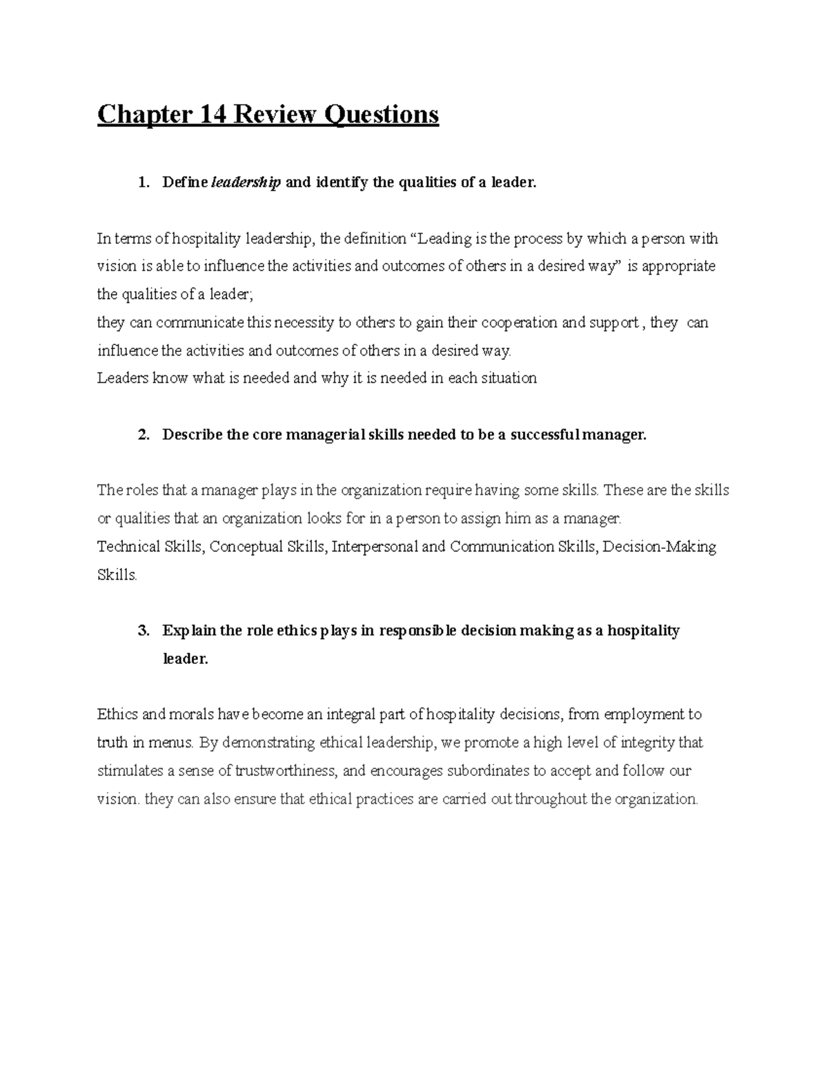 Chapter 14 Review Questions on Leadership & Management Skills - Studocu