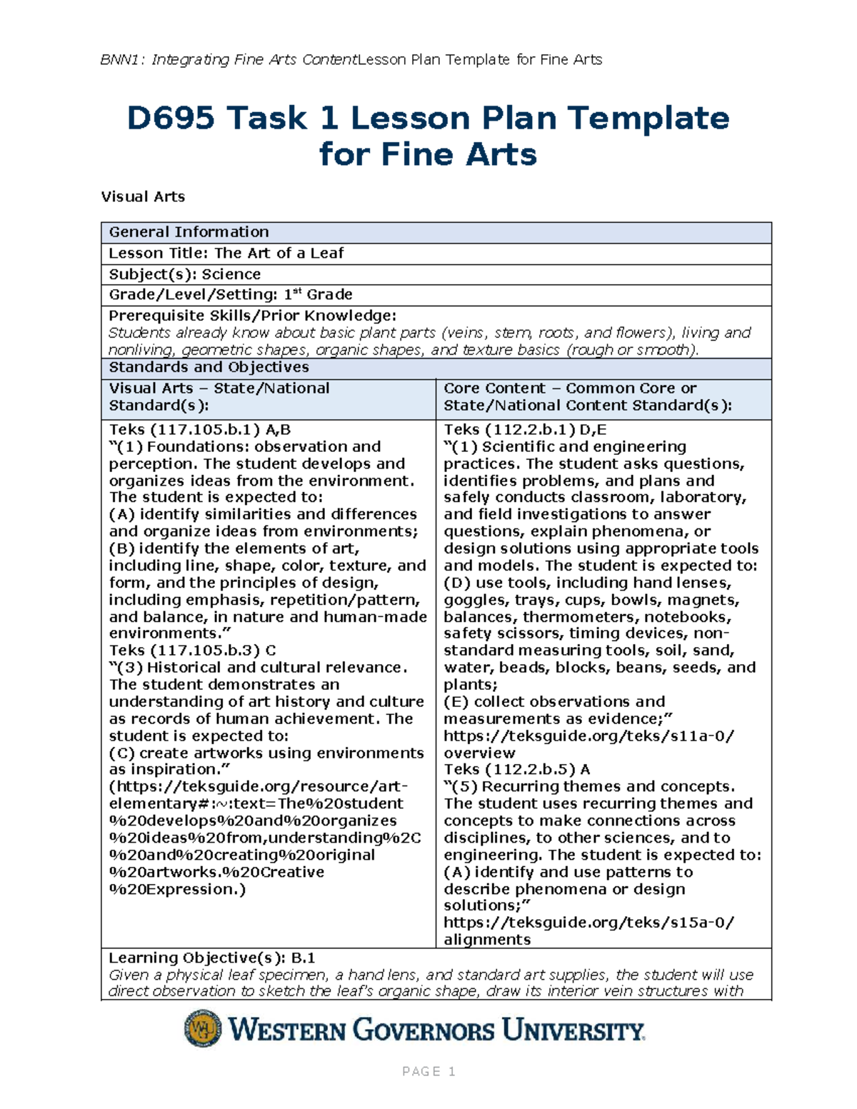 BNN1: D695 Lesson Plan Template for Integrating Visual Arts & Music ...