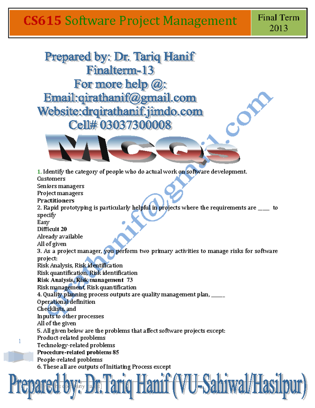 CS615 Software Project Management Final Exam Review 2013 - Studocu