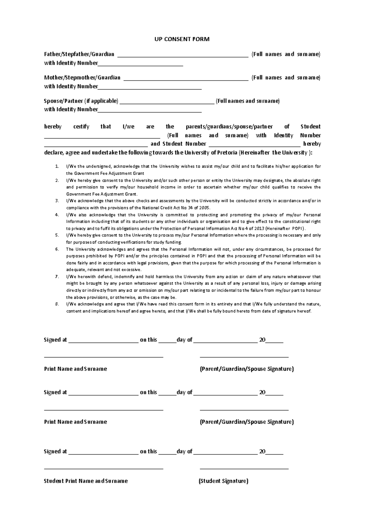 UP CONSENT FORM for Government Fee Adjustment Grant Application - Studocu
