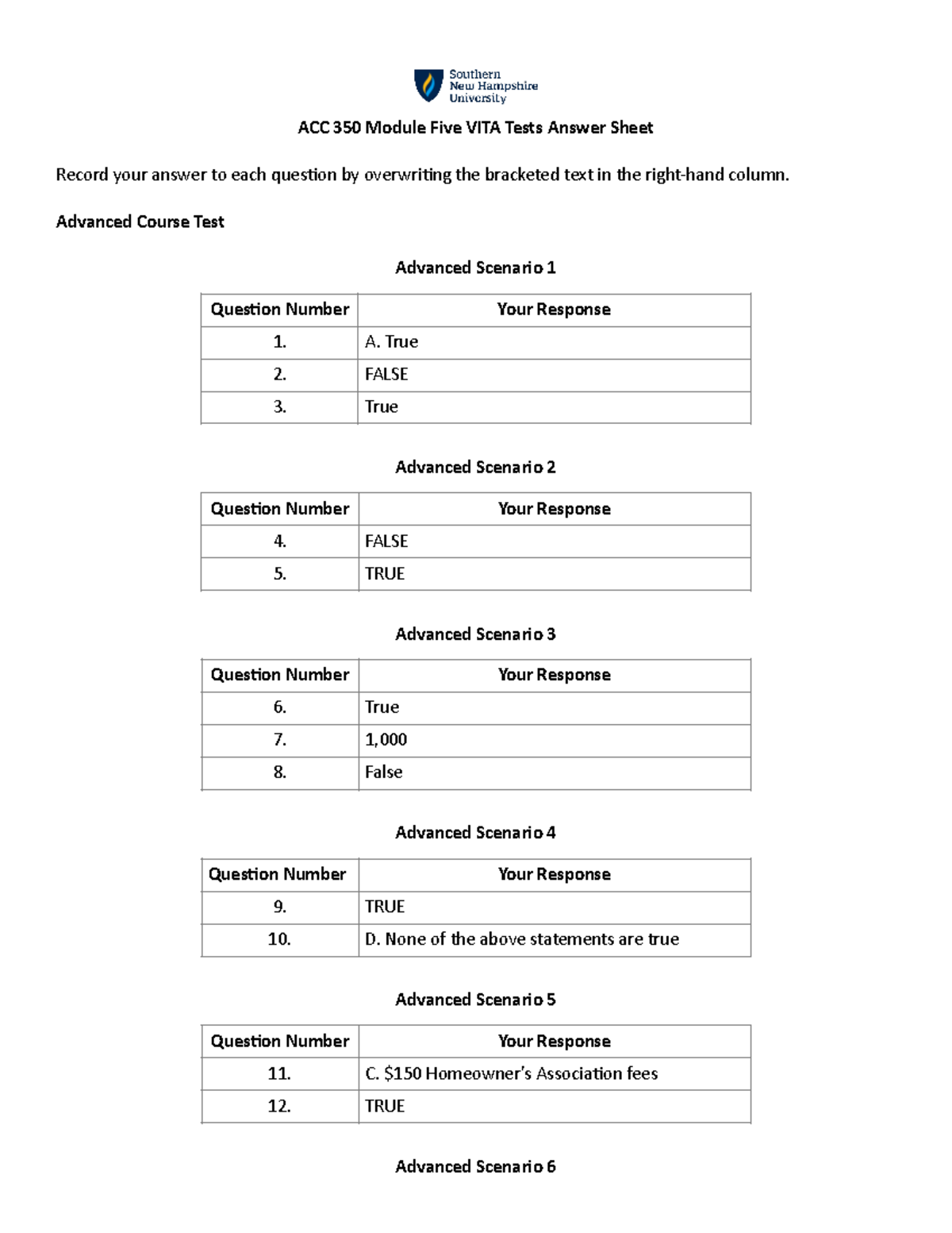 ACC 350 Module Five VITA Tests Answer Sheet Responses - Studocu