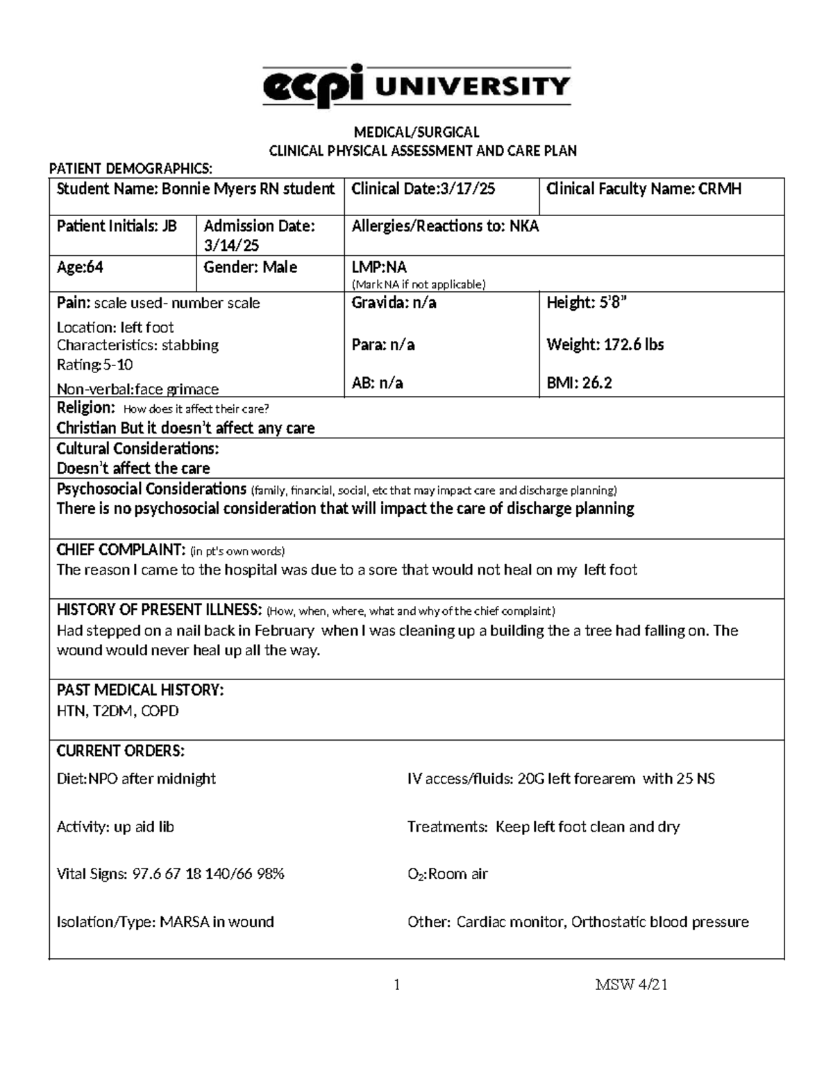 Med Surg Care Plan: Patient Assessment & Nursing Interventions (NUR 302) - Studocu