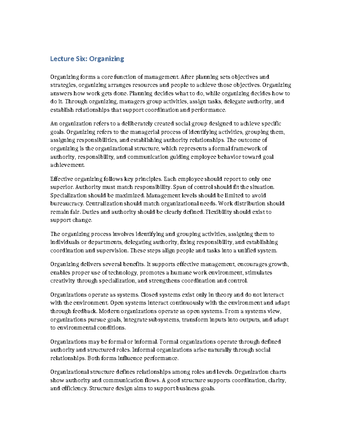 Lecture 6: Organizing - Key Concepts and Principles in Management - Studocu