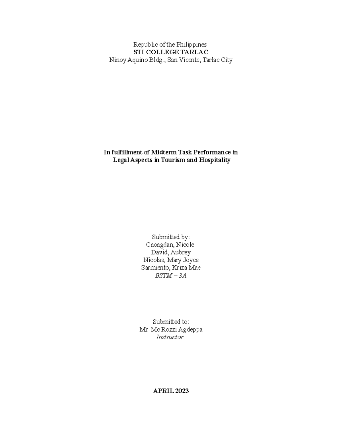 Midterm Task on Legal Aspects in Tourism & Hospitality (BSTM – 3A ...