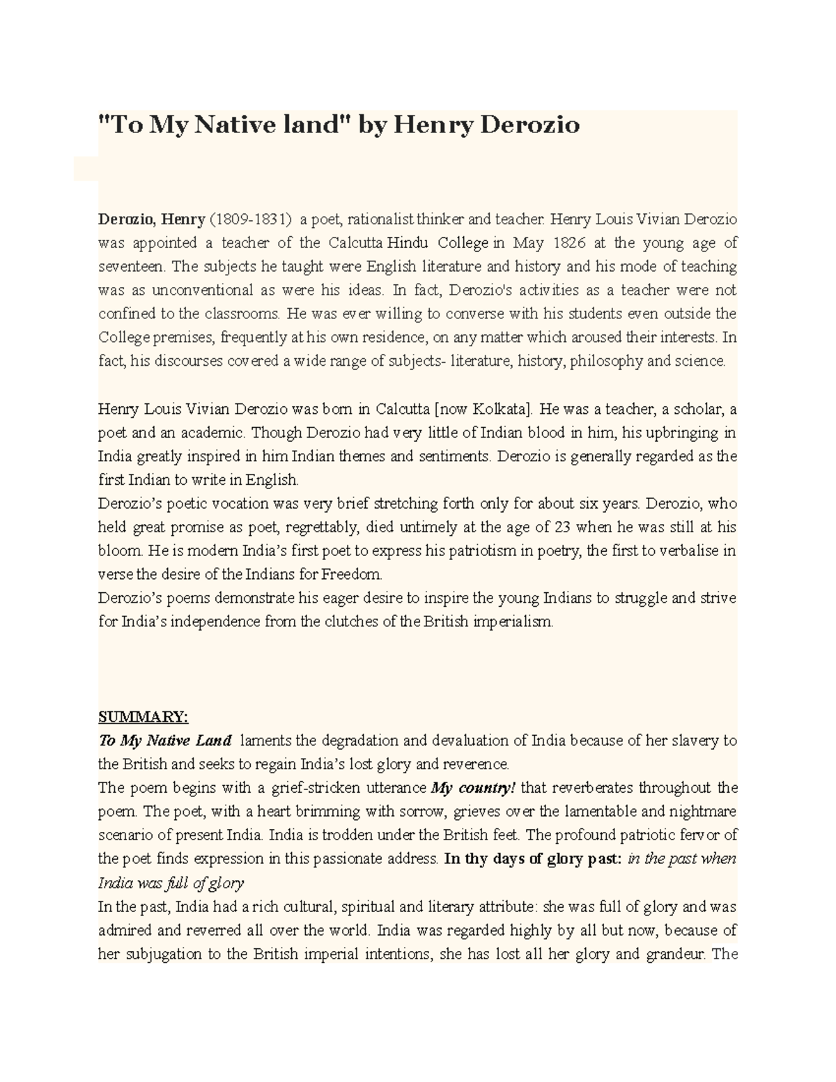 ENG 101 - To My Native Land: Stanza-Wise Summary & Analysis - Studocu