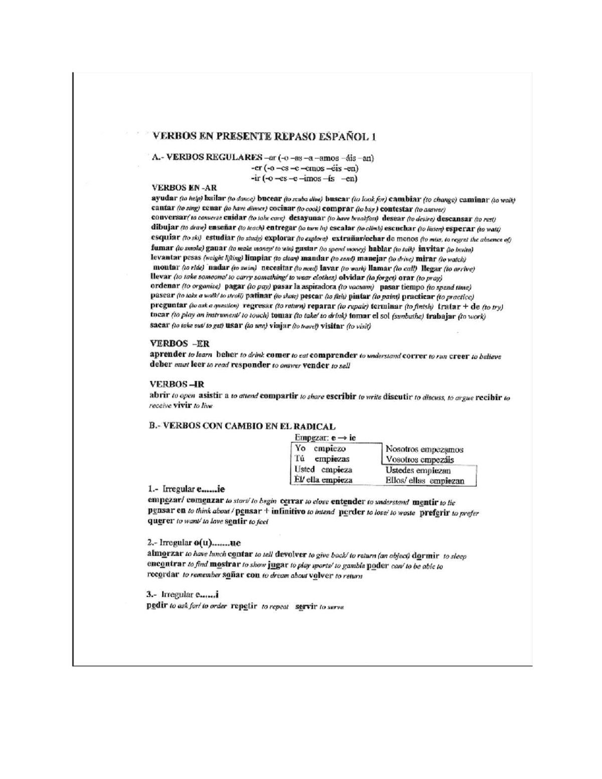 Repaso de Verbos en Presente - Español 1 - Studocu