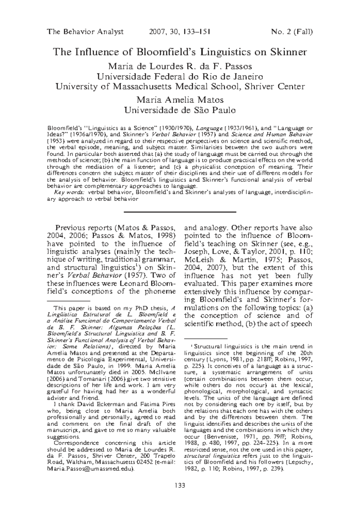 The Influence of Bloomfield's Linguistics on Skinner: A Comparative ...
