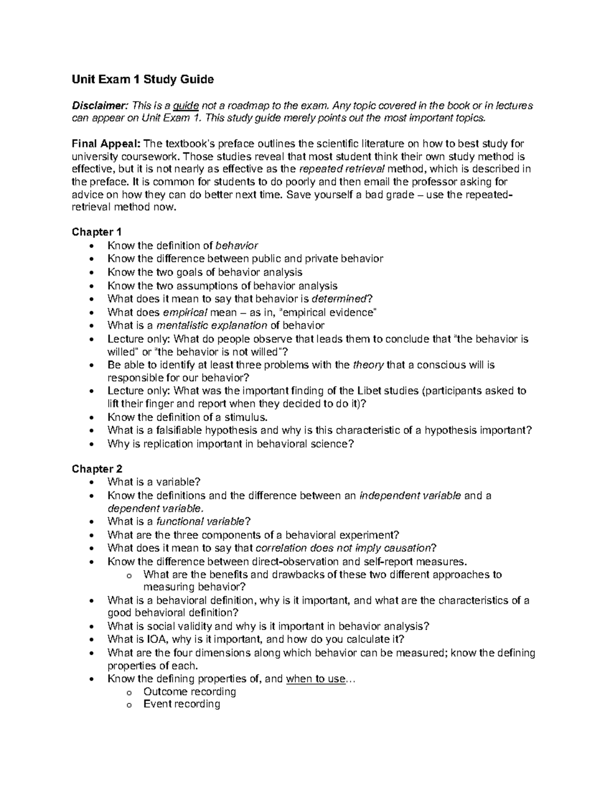 Unit Exam 1 Study Guide for Behavior Analysis (Course Code: XXX) - Unit Exam 1 Study Guide - Studocu