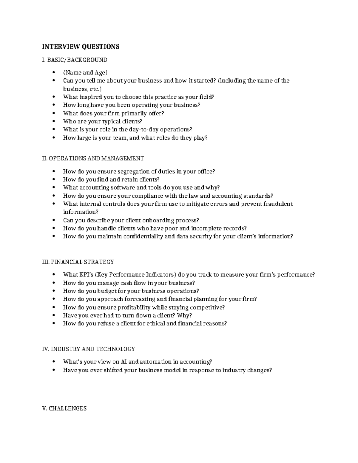 Interview Questions for Business Operations and Management - Studocu