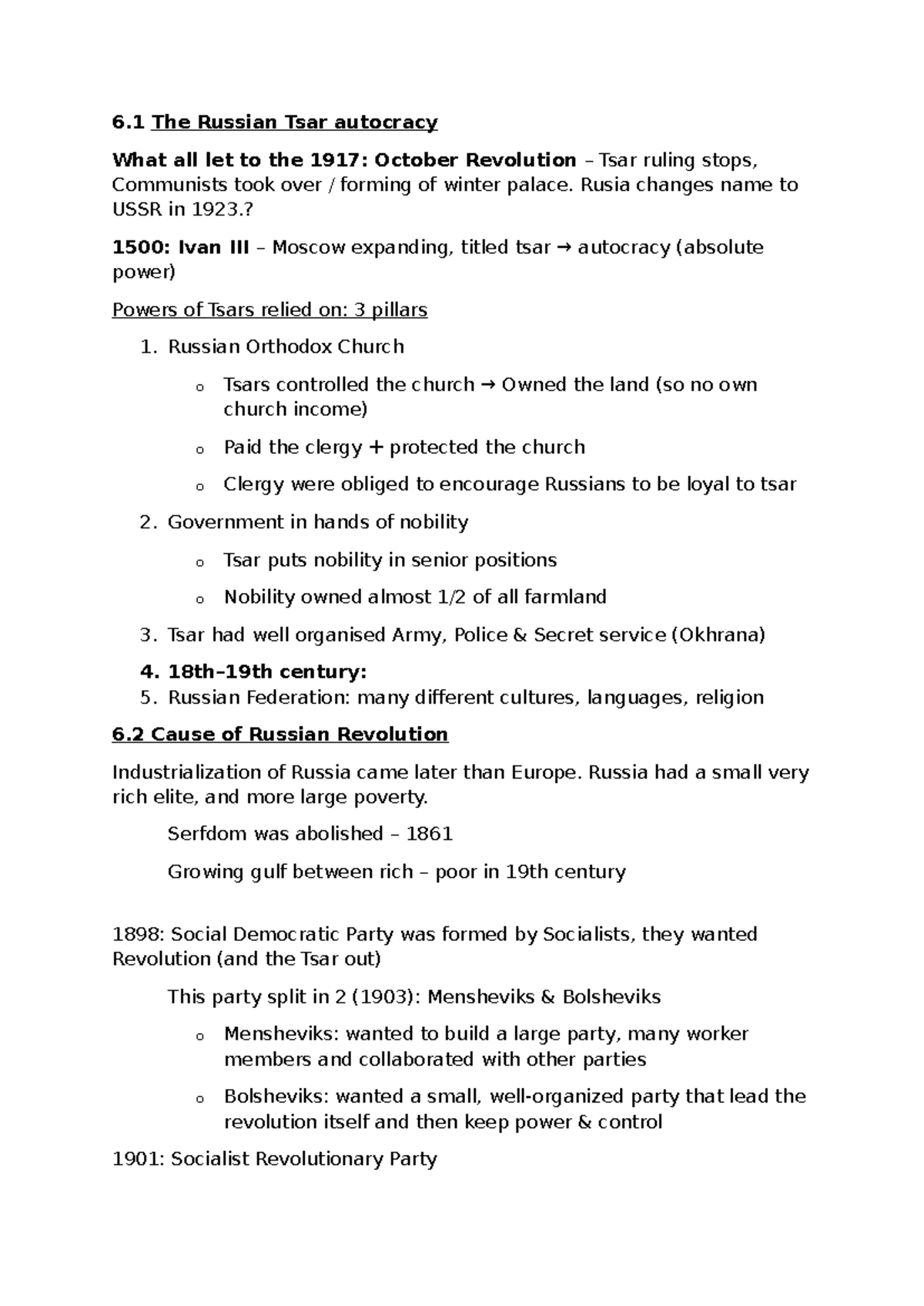6.1-6.4 Summary of Russian Tsar Autocracy & 1917 Revolution - Studeersnel