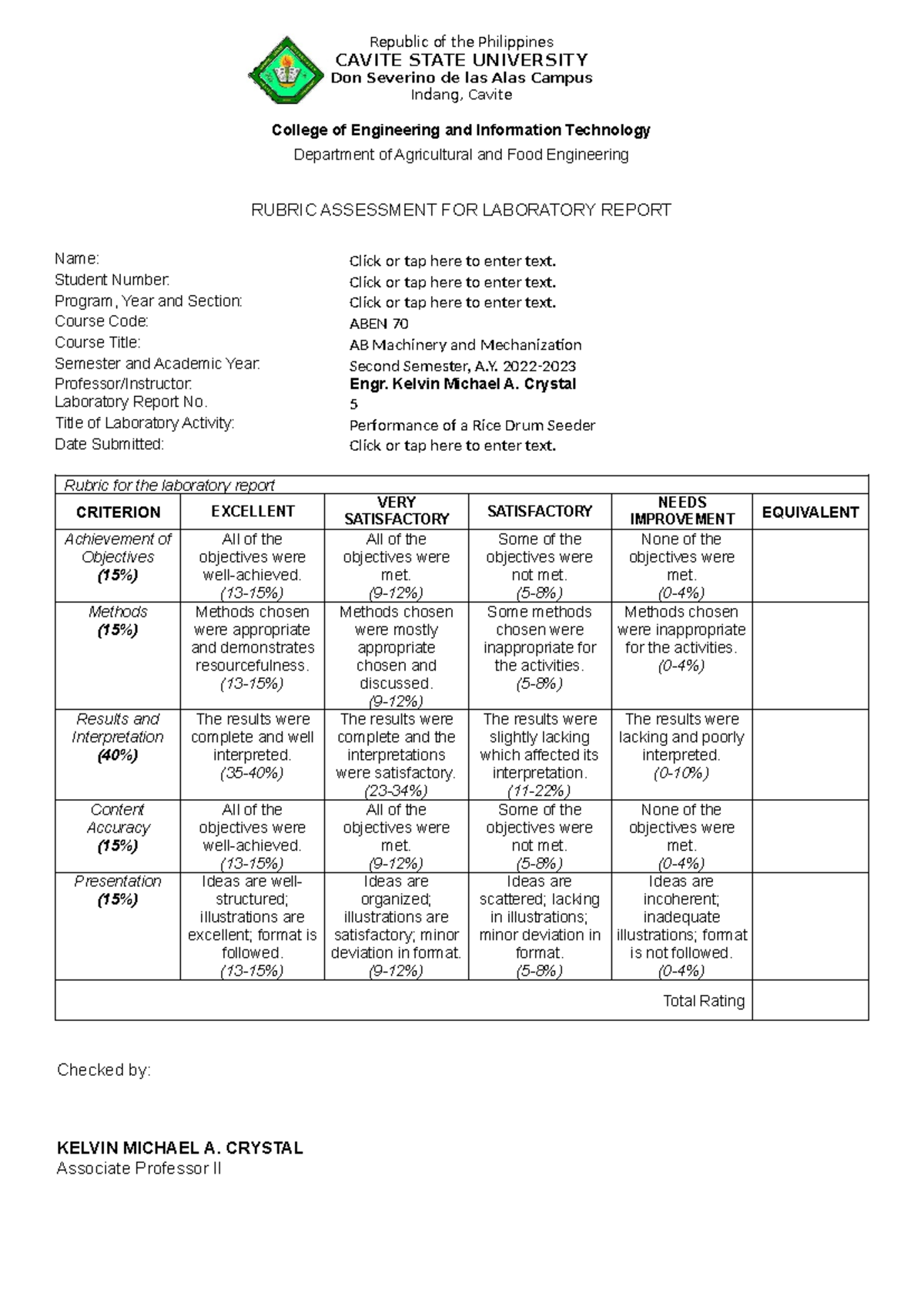ABEN-70-Lab - jam - RUBRIC ASSESSMENT FOR LABORATORY REPORT Name: Click ...