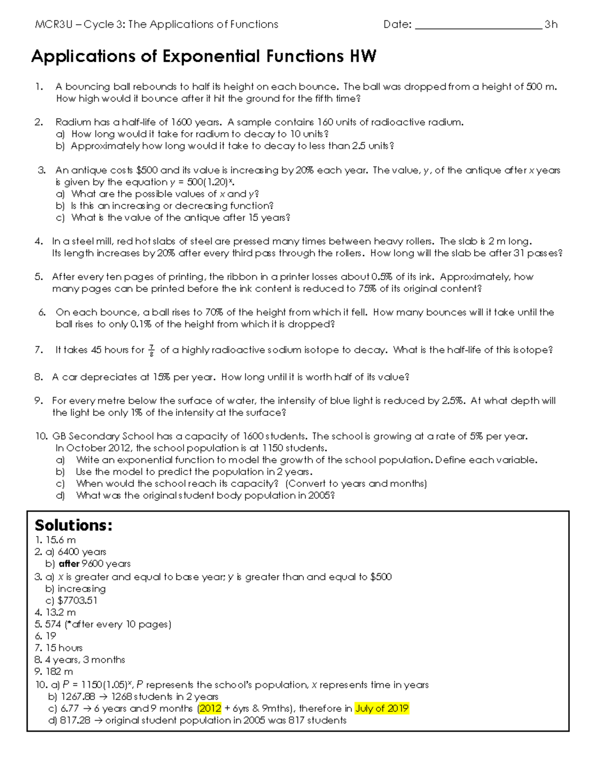 MCR3U - Cycle 3 - HW on Applications of Exponential Functions - Studocu