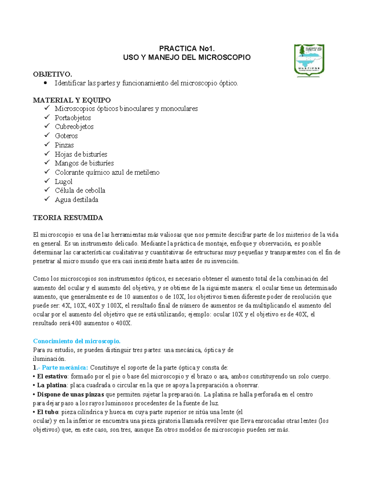 Practica DE Laboratorio DEL Microscopio - PRACTICA No1. USO Y MANEJO ...