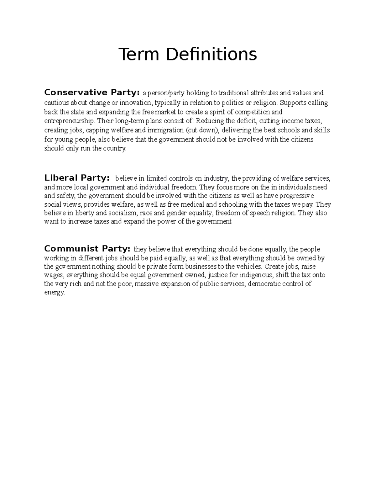 Civics Terms Definitions: Conservative, Liberal, and Communist Parties ...