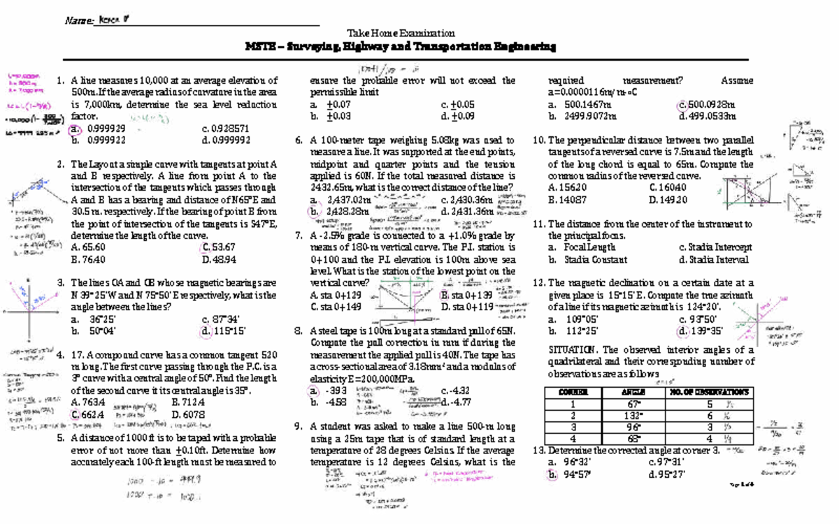 Take Home Exam: MSTE Surveying, Highway & Transportation Eng. - Studocu