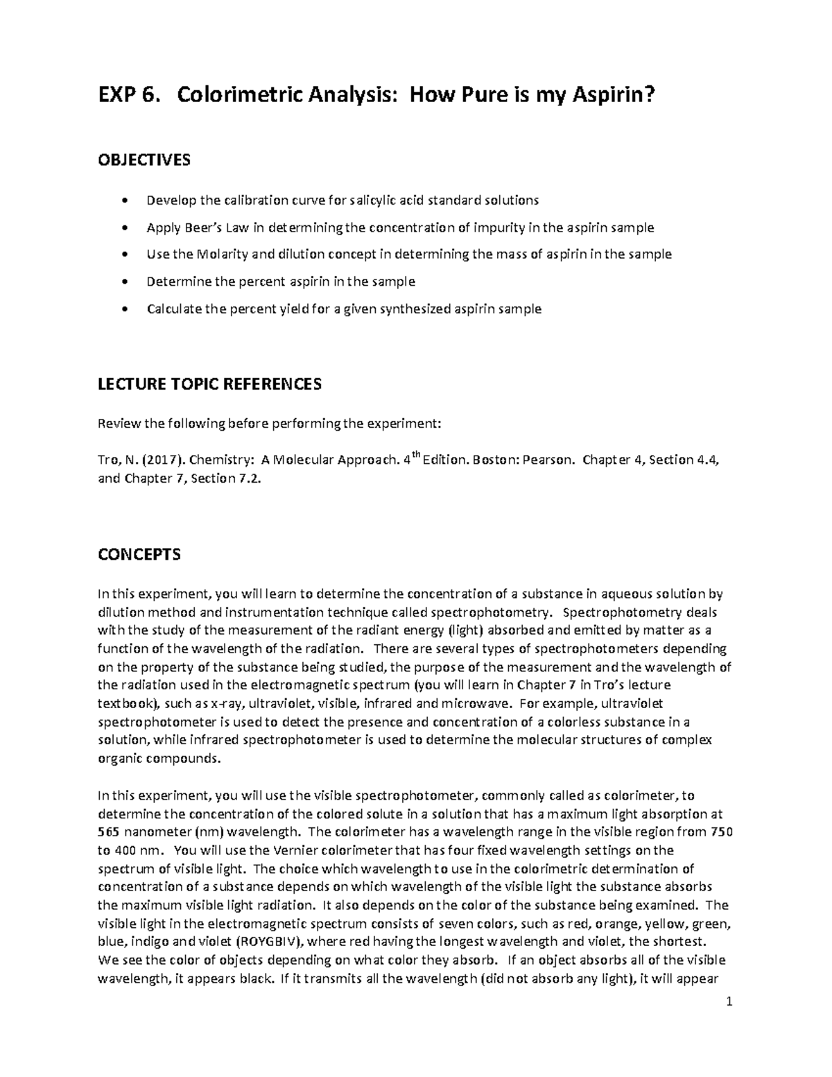 Exp 6 Colorimetric Analysis: Determining Purity of Aspirin Sample - Studocu