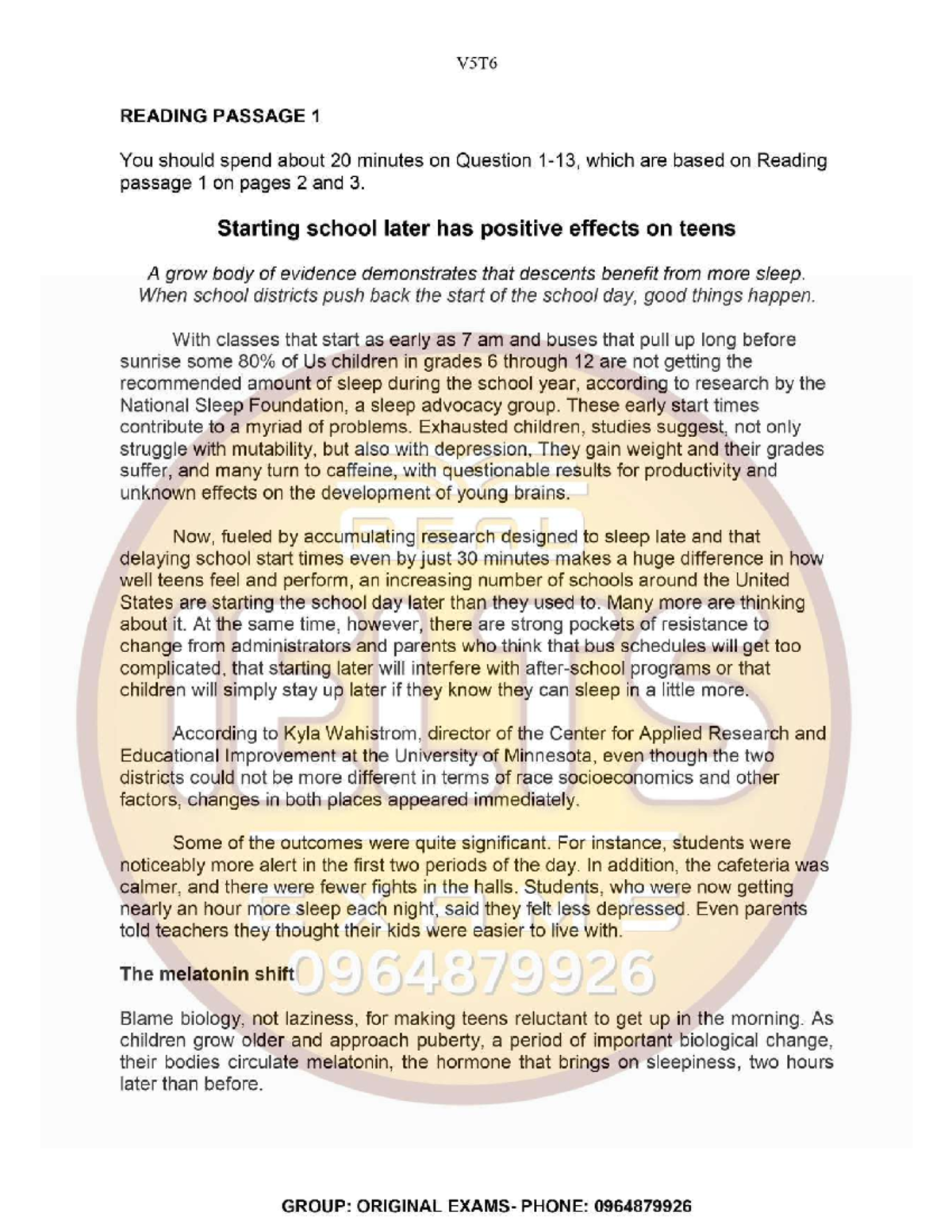 V5T6 READING PASSAGE 1: The Impact of Later School Start Times on Teen ...