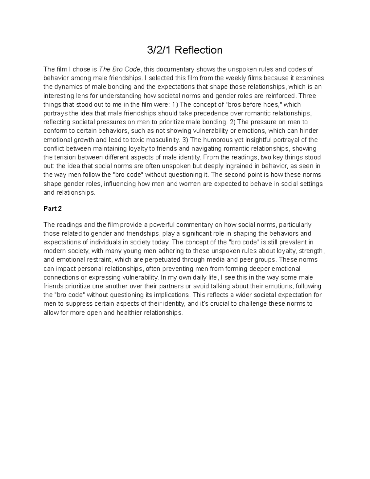 3 2 1 Reflection on "The Bro Code" Documentary Insights - Studocu