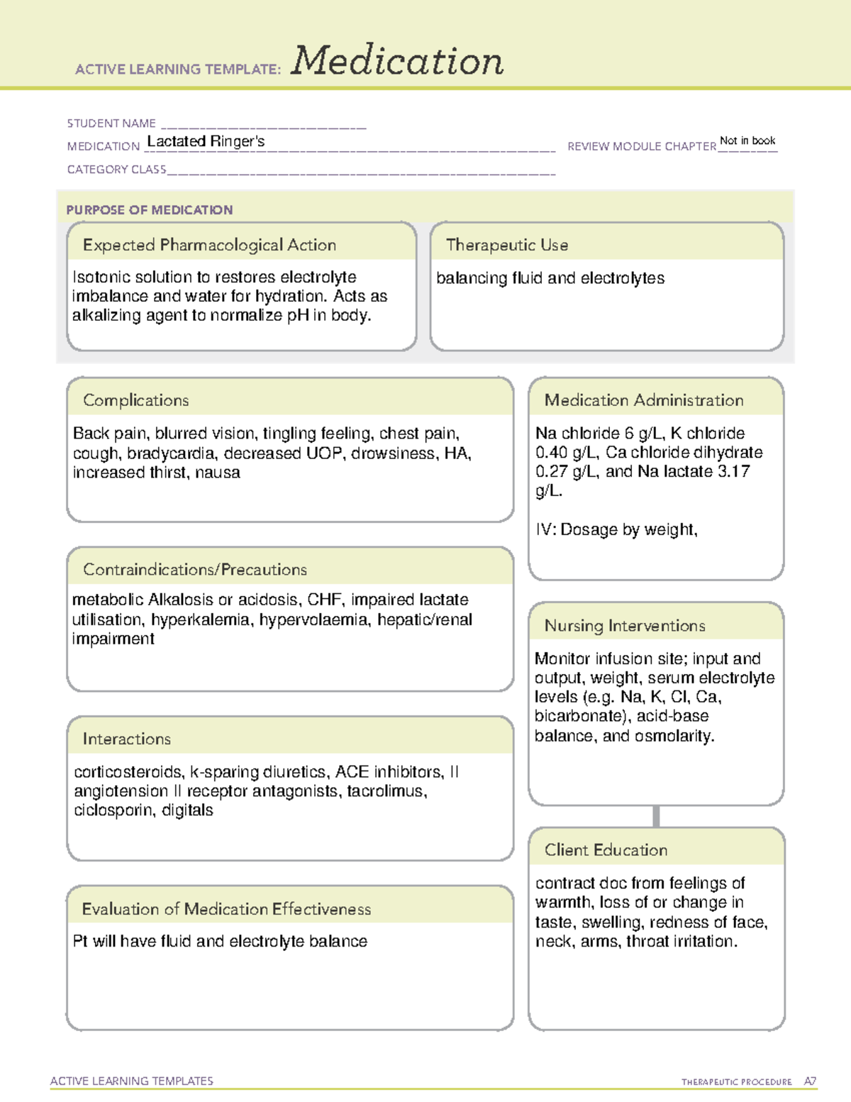 Lactated Ringer's: Active Learning Template - Med Card Overview - Studocu