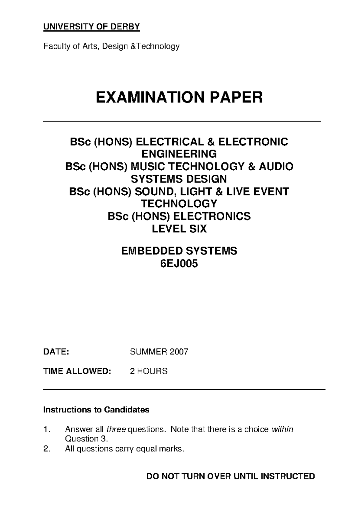 Embedded Systems Exam Questions - Level 6 (6EJ) - Summer 2007 - Studocu