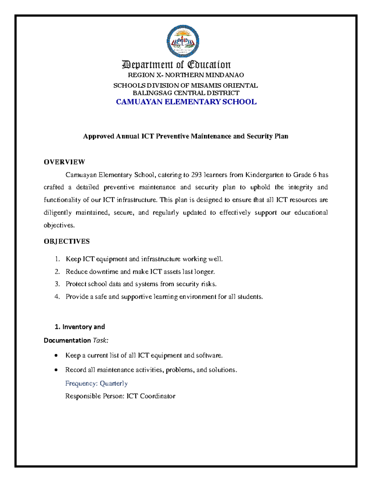 Approved ICT Preventive Maintenance & Security Plan for Camuayan Elem ...