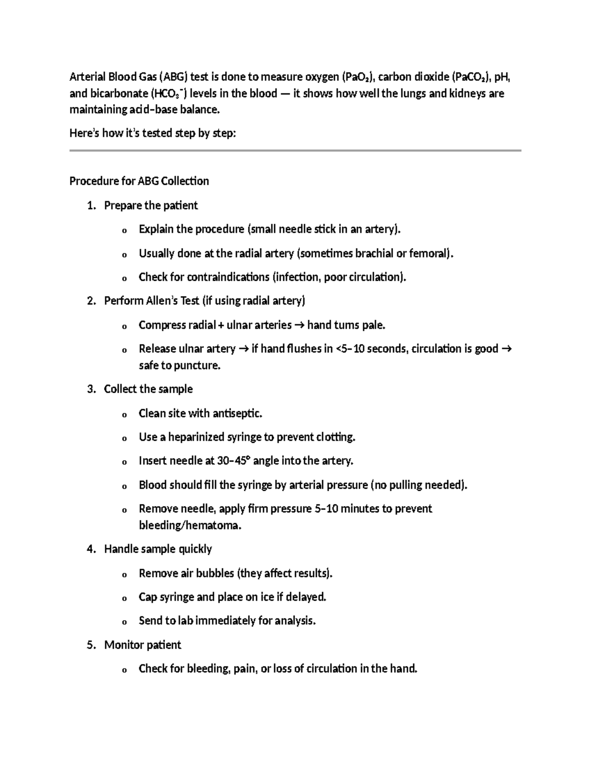 ABG Collection Procedure Notes - Medical Lab Techniques - Studocu