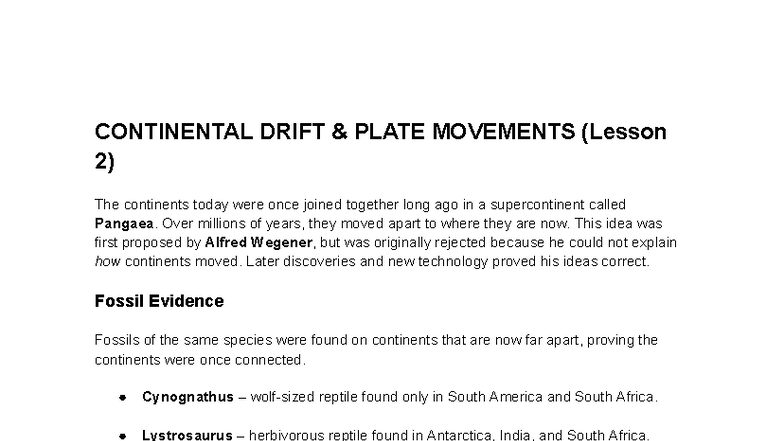 Continental Drift & Plate Movements (Lesson 2) Overview - Studocu