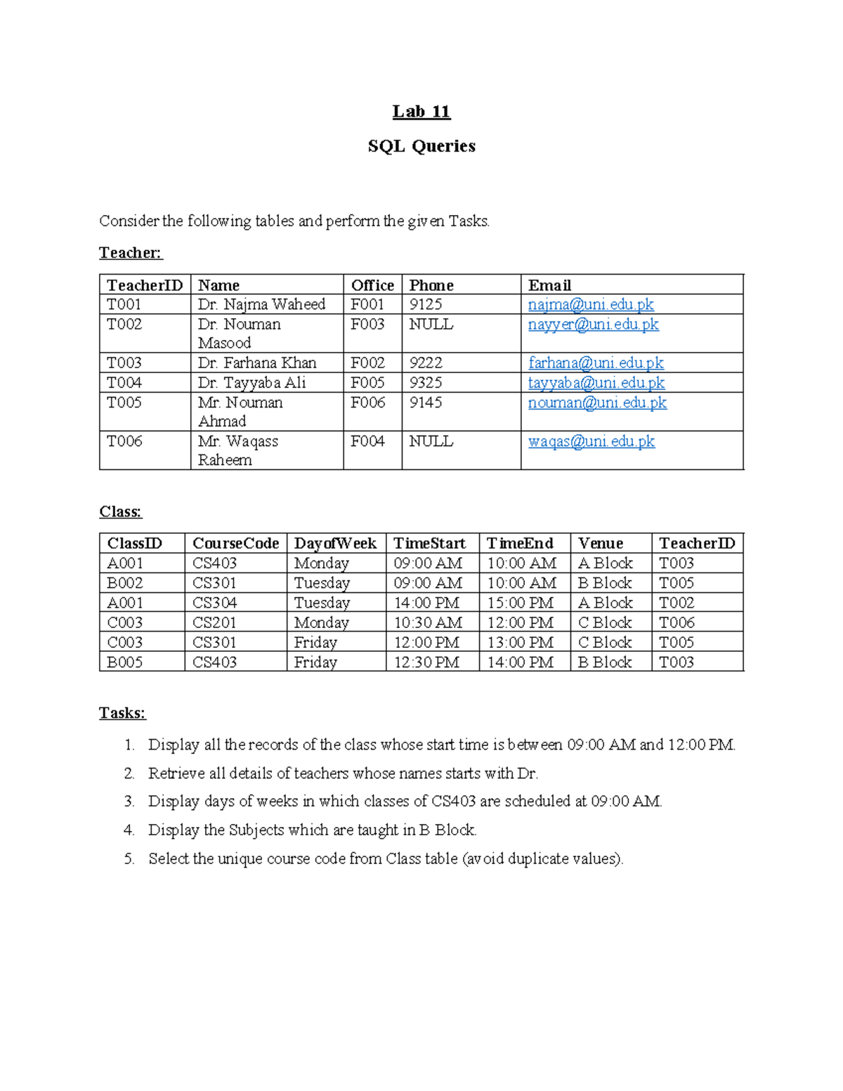 Lab 11 - SQL Queries for CS403 and CS301 Tasks - Studocu
