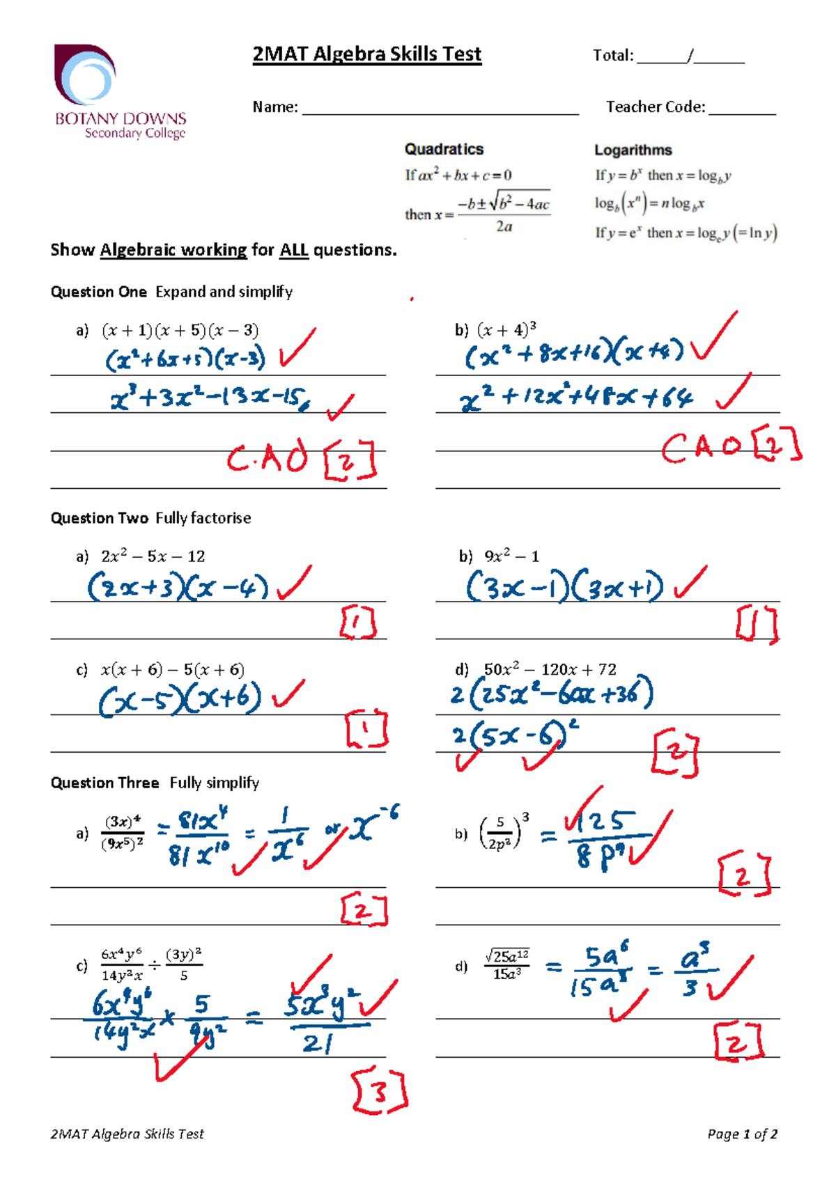 2MAT Algebra Skills Test 2023: Complete Answers and Solutions - Studocu