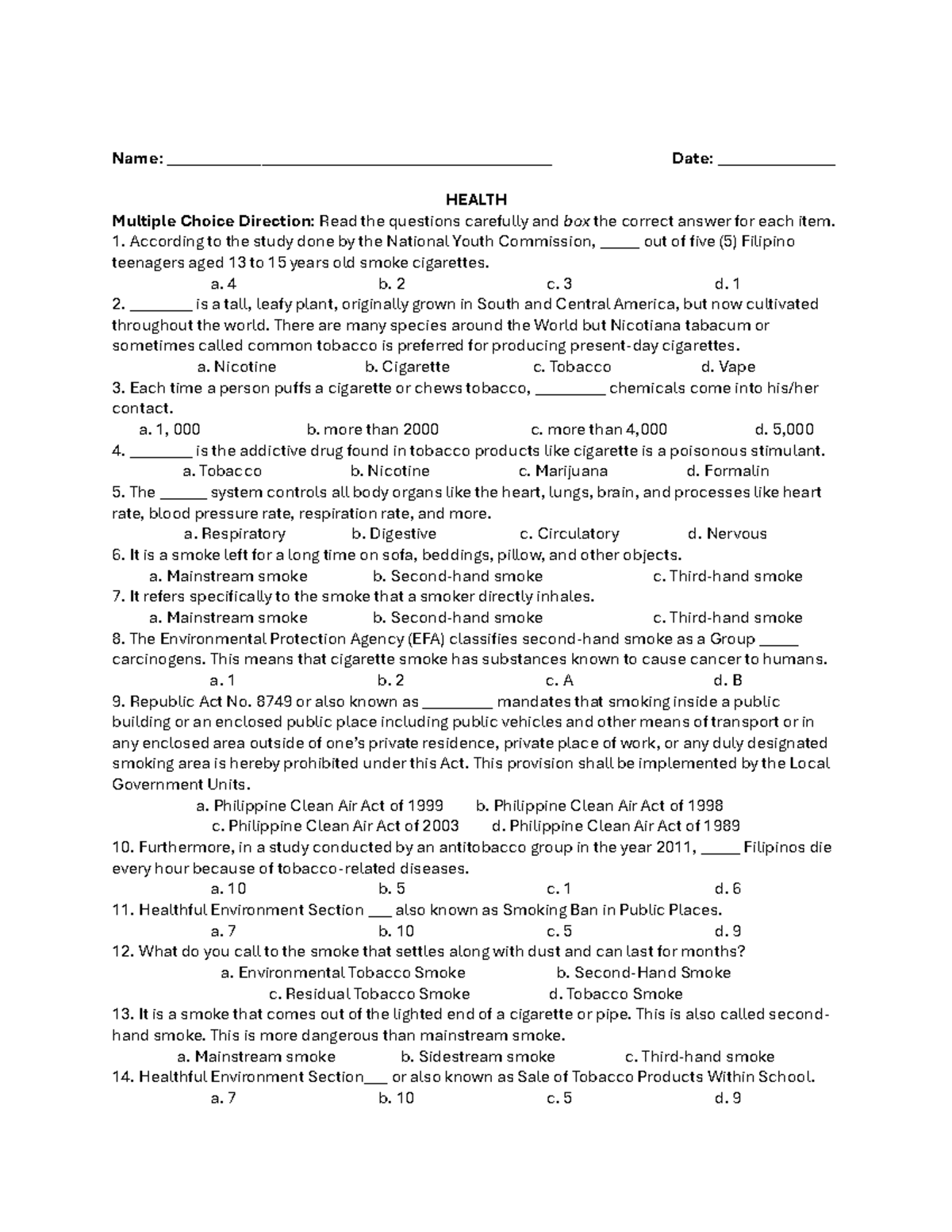 HEALTH & PE Summative Test: MCQs & True/False Questions - Studocu
