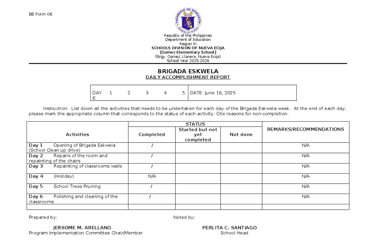 BE Form 06: Brigada Eskwela Daily Accomplishment Report (Day 6) - Studocu