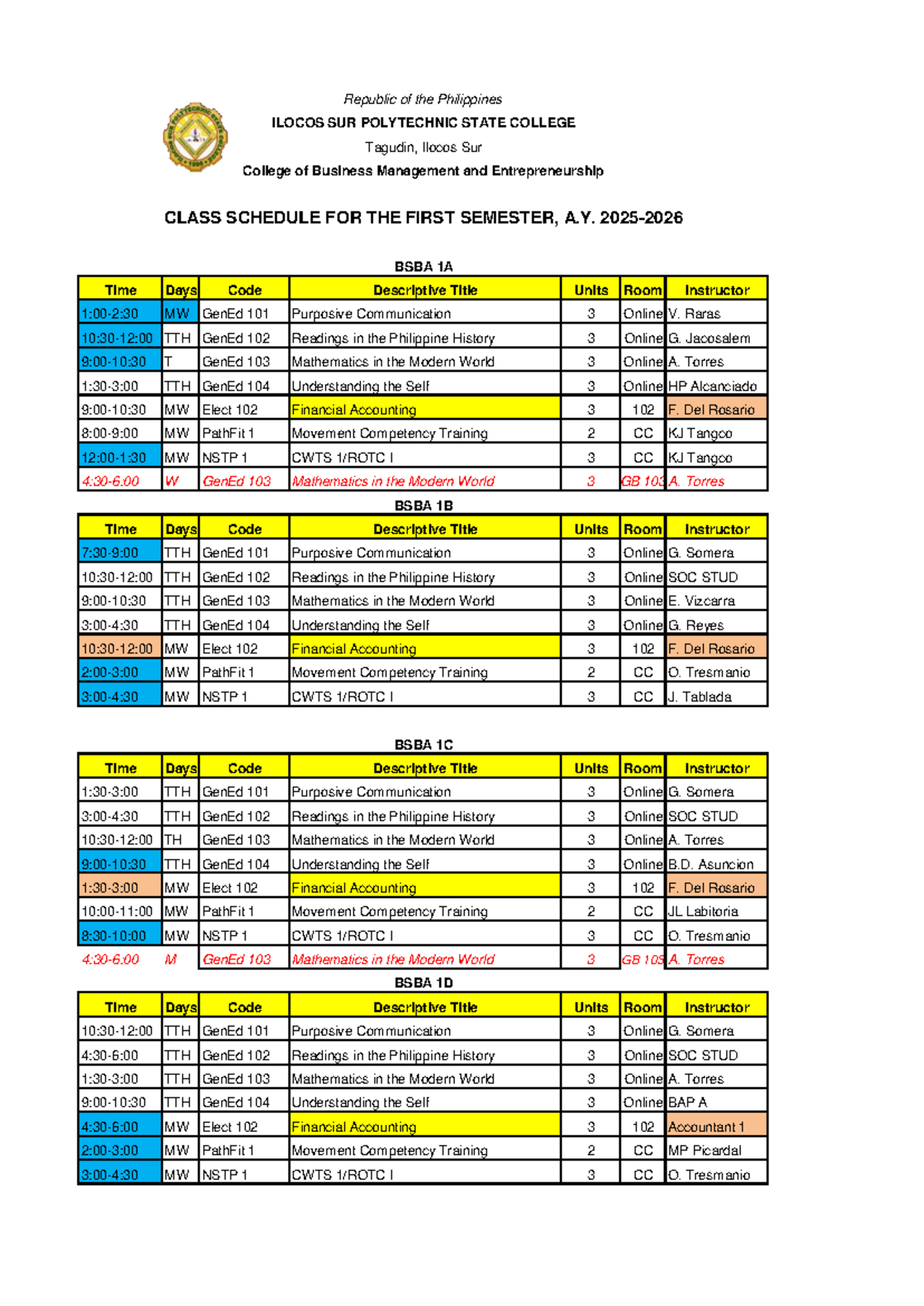 CLASS SCHEDULE FOR FIRST SEMESTER, A.Y. 2023 - BSBA Sections - Studocu