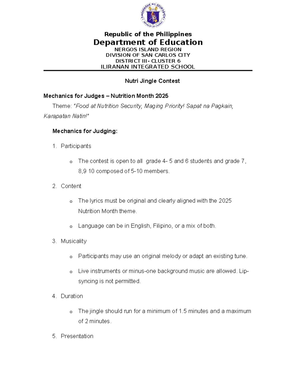 Nutri Jingle Contest Mechanics for Judges - Nutrition Month 2025 - Studocu