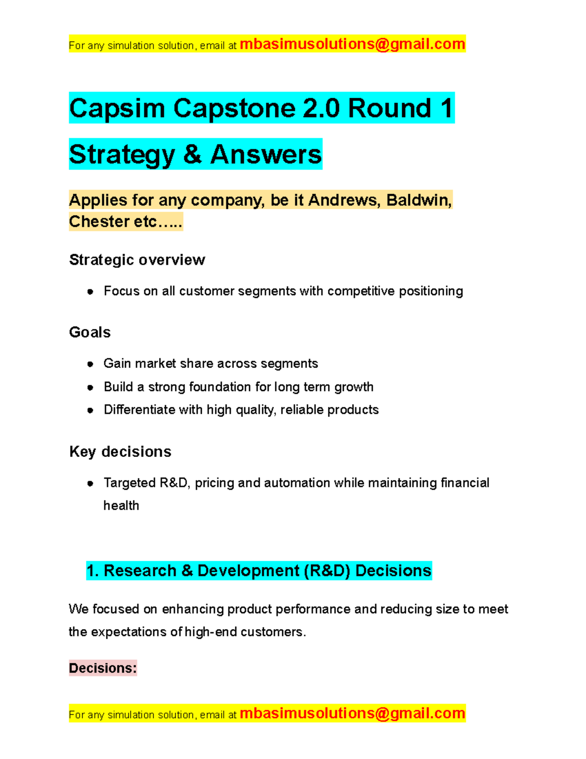 Capsim Capstone 2.0 Round 1 Strategy & Answers Analysis - Studocu
