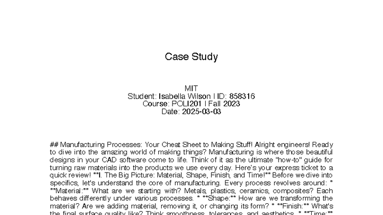 Case Study POLI201: Manufacturing Processes Cheat Sheet for Engineers ...