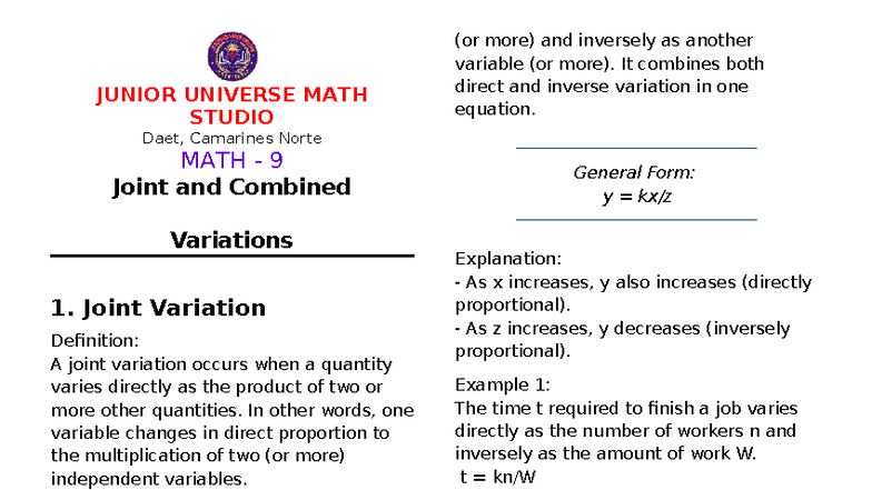 MATH 9 Joint and Combined Variations Overview and Examples - Studocu