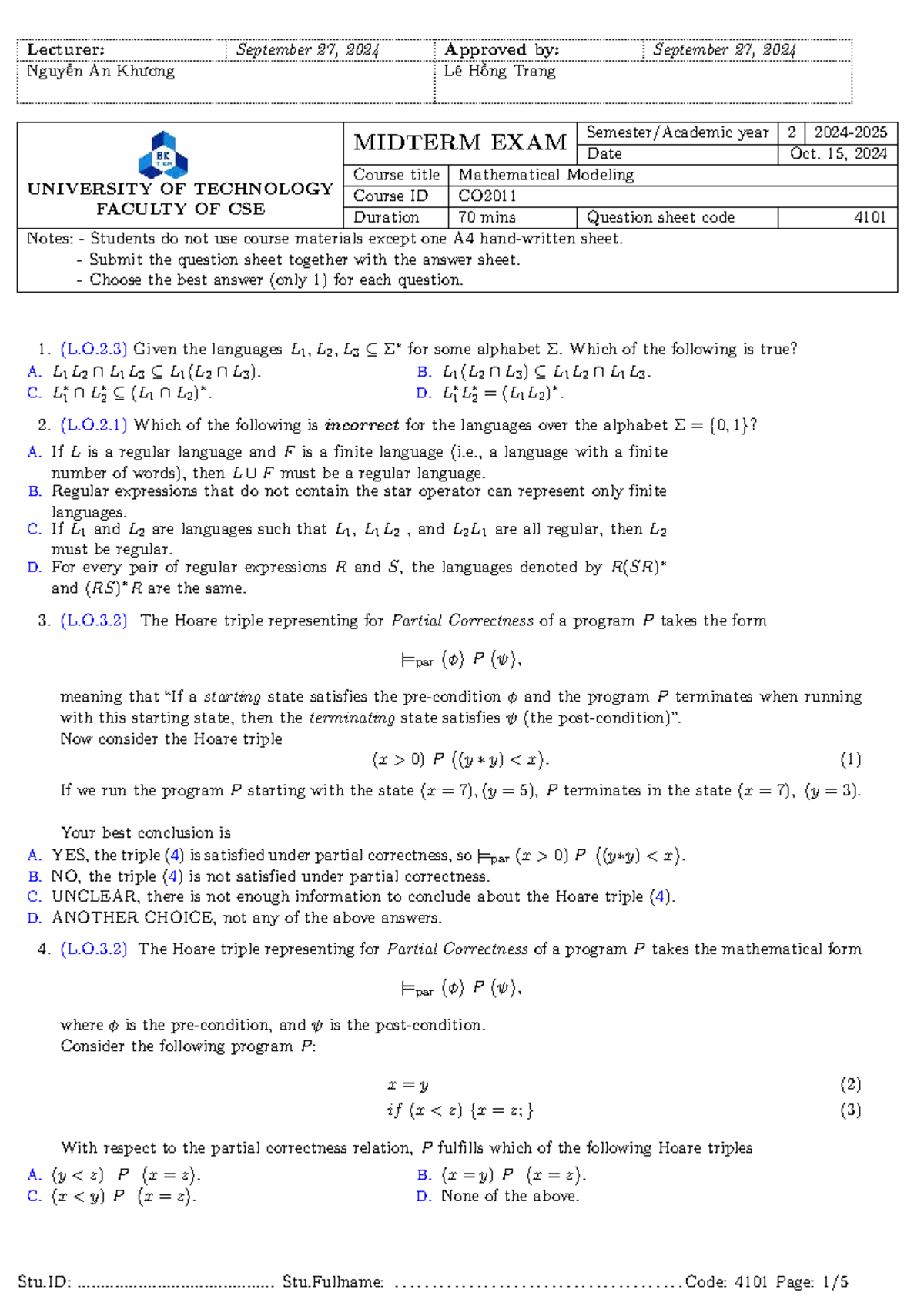 CO2011 - Midterm Exam on Mathematical Modeling - Studocu