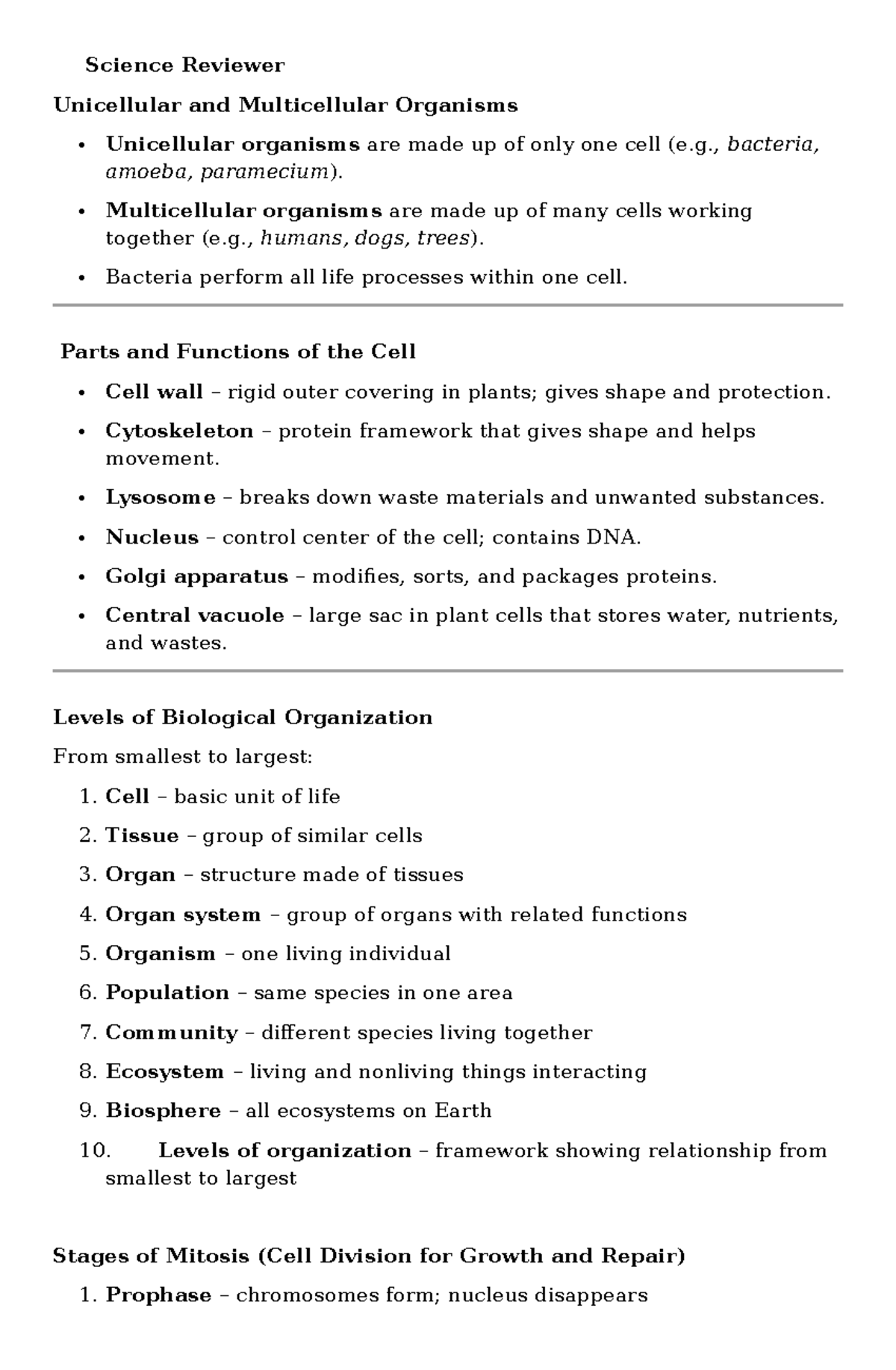 Science Reviewer: Unicellular & Multicellular Organisms - Studocu