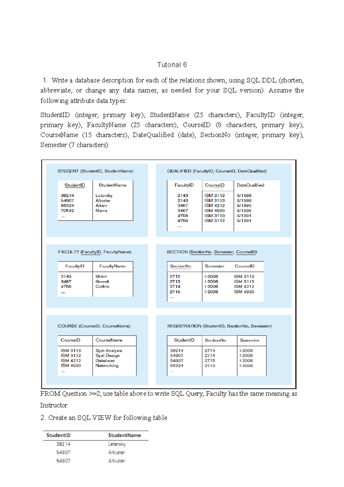 Tut 6 questions - solution - Tutorial 6 Write a database description ...