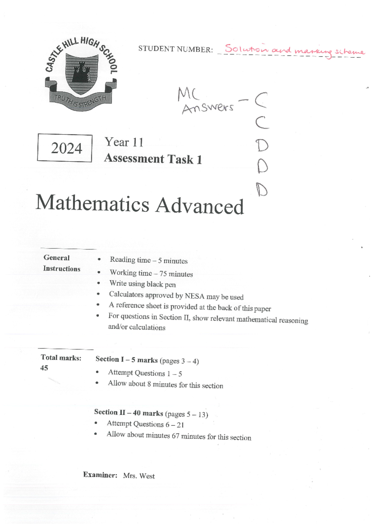 Year 11 Adv T1 Mathematics Advanced Marking Scheme & Solutions - Studocu