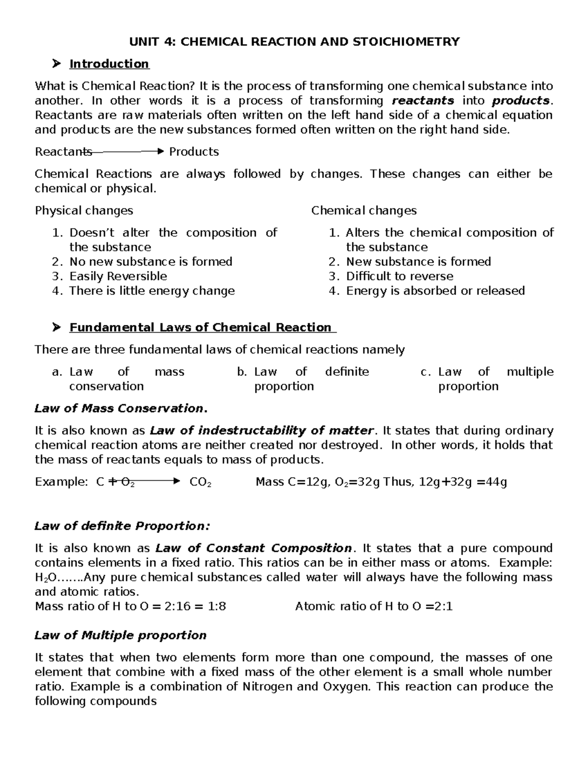 Unit 4: Chemistry Notes - Chemical Reactions & Stoichiometry - Studocu