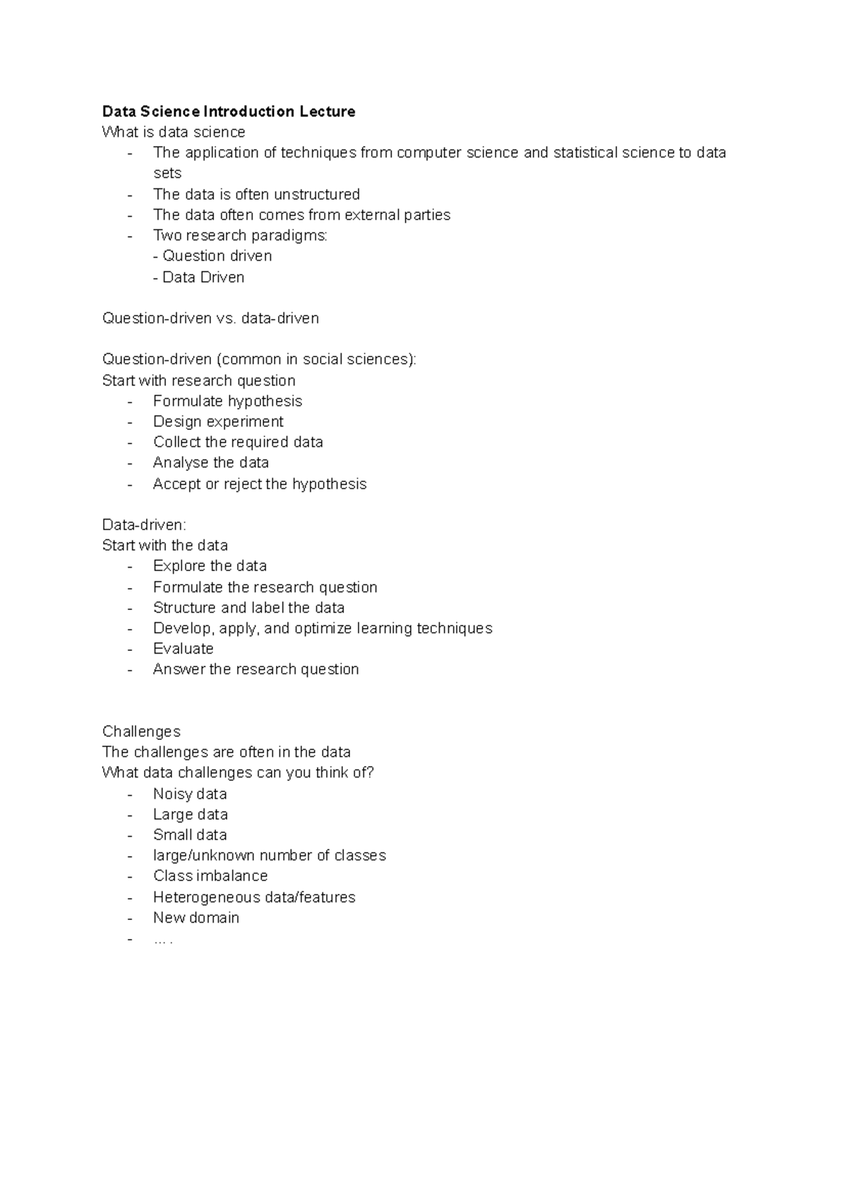 Data Science Introduction Lecture: Key Concepts & Challenges - Studeersnel
