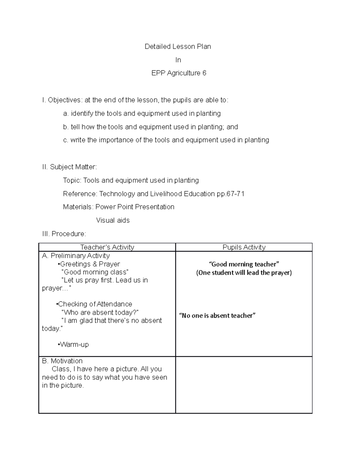Detailed Lesson Plan in EPP Agriculture 6: Tools & Equipment Used in ...