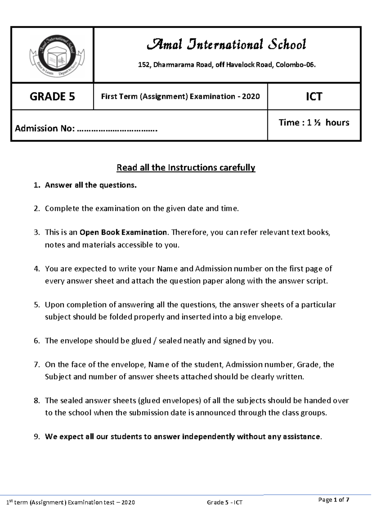 Grade 5 - ICT First Term Exam Instructions and Question Paper - Studocu